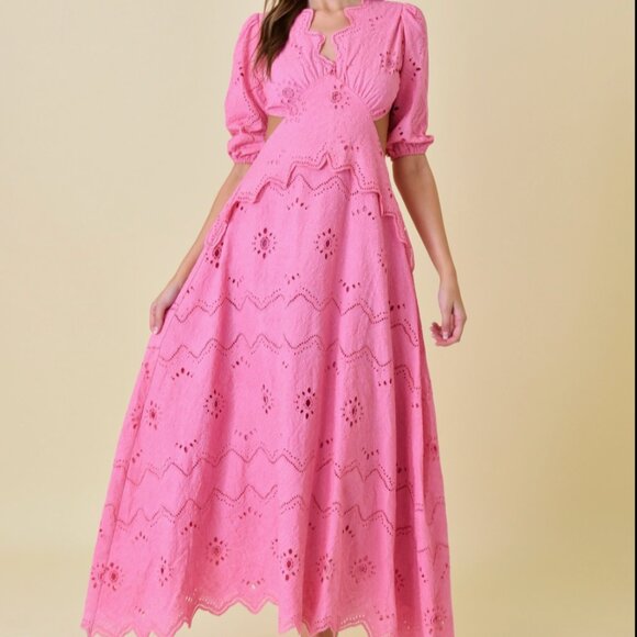 Fore Collection | Dresses | Pink Vneck Puff Sleeve Eyelet Maxi Dress ...